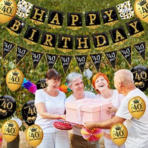 40th birthday decorations for men women - (76pack) black gold party Banner, Pennant, Hanging Swirl, birthday balloons, Tablecloths, cupcake Topper, Crown, plates, Photo Props, Birthday Sash for gifts