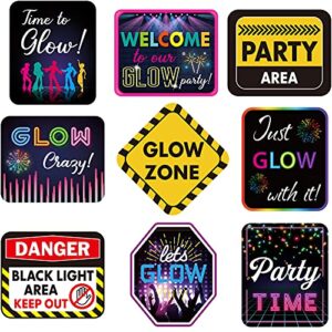 9 pieces neon party decorations glow party signs glow in the dark birthday party favors black light paper sign glow theme cutouts 11.8 x 7.8 inch