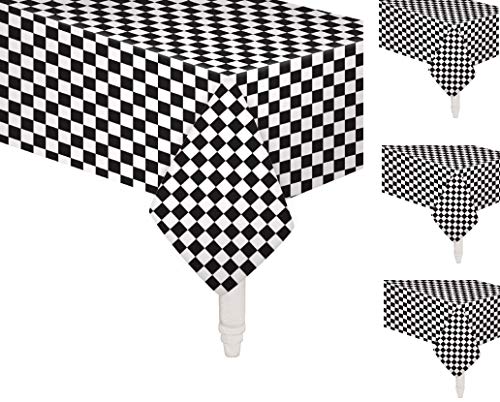 Oojami Pack of 4 Black & White Checkered Flag Table Cover Party Favor Checkered Tablecloth Disposable Checkered Racing Table Cover (54" x 108" Rectangle)