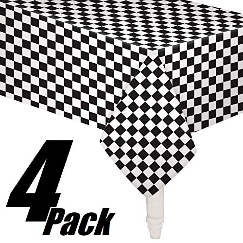 Oojami Pack of 4 Black & White Checkered Flag Table Cover Party Favor Checkered Tablecloth Disposable Checkered Racing Table Cover (54" x 108" Rectangle)