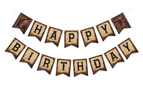 Pre-Strung Cowboy Birthday Banner, Ready to Hang Wild Western Bday Party Sign, Wooden House Barn Bunting