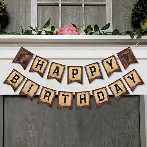 Pre-Strung Cowboy Birthday Banner, Ready to Hang Wild Western Bday Party Sign, Wooden House Barn Bunting