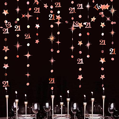 Rose Gold Number 21 Circle Dot Twinkle Star Garland Kit Metallic Hanging Streamer Bunting Banner Backdrop Decoration for Girls 21st Birthday Finally Legal Twenty One Anniversary Wedding Party Supplies