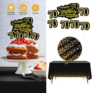 70th birthday decorations for men women - (76pack) black gold party Banner, Pennant, Hanging Swirl, birthday balloons, Tablecloths, cupcake Topper, Crown, plates, Photo Props, Birthday Sash for gifts