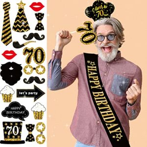 70th birthday decorations for men women - (76pack) black gold party Banner, Pennant, Hanging Swirl, birthday balloons, Tablecloths, cupcake Topper, Crown, plates, Photo Props, Birthday Sash for gifts