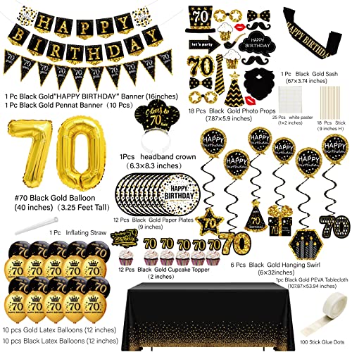 70th birthday decorations for men women - (76pack) black gold party Banner, Pennant, Hanging Swirl, birthday balloons, Tablecloths, cupcake Topper, Crown, plates, Photo Props, Birthday Sash for gifts