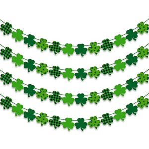 4pcs felt shamrock clover garland banner – no diy, st. patrick’s day decorations – buffalo plaid dark green light green happy st. patrick’s day banner for home mantel office irish day party supplies