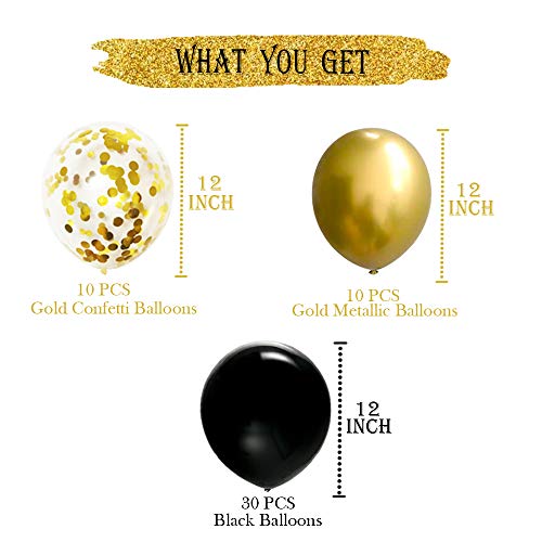 50 Pcs 12 Inches Black and Gold Balloons, Gold Confetti Balloons, Black and Gold Metallic Chrome Latex Balloons for Birthday Party Decorations Graduation Balloon Garland Arch Kit