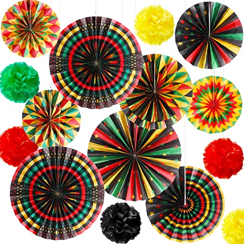 Outus 21 Pcs Black History Month Decorations Hanging Paper Fans Kente Classroom Decorations Juneteenth Tissue Paper Pom Poms for Garland Ceilings African American Holiday Celebration Party Supplies