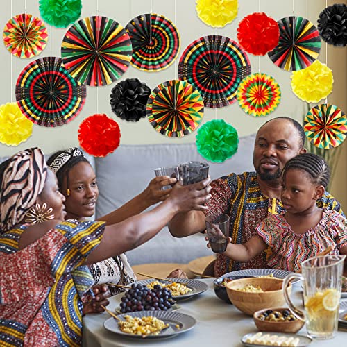 Outus 21 Pcs Black History Month Decorations Hanging Paper Fans Kente Classroom Decorations Juneteenth Tissue Paper Pom Poms for Garland Ceilings African American Holiday Celebration Party Supplies