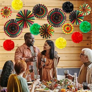 Outus 21 Pcs Black History Month Decorations Hanging Paper Fans Kente Classroom Decorations Juneteenth Tissue Paper Pom Poms for Garland Ceilings African American Holiday Celebration Party Supplies