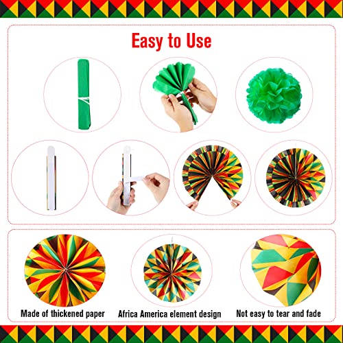 Outus 21 Pcs Black History Month Decorations Hanging Paper Fans Kente Classroom Decorations Juneteenth Tissue Paper Pom Poms for Garland Ceilings African American Holiday Celebration Party Supplies