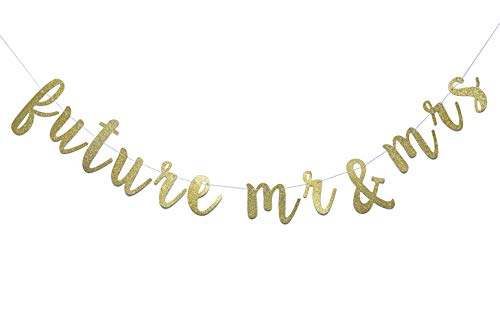 Future Mr & Mrs Banner for Engagement Bridal Shower Bride and Groom Party Decorations Pre-Strung Sign (Gold Glitter)