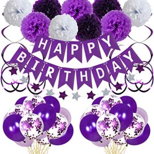 birthday decorations for girls women, purple party decorations happy birthday decoration with bunting banner, balloons, pompoms, hanging swirl for bday engagement anniversary party decor suit