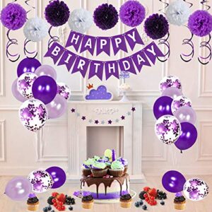 Birthday Decorations for Girls Women, Purple Party Decorations Happy Birthday Decoration with Bunting Banner, Balloons, Pompoms, Hanging Swirl for Bday Engagement Anniversary Party Decor Suit