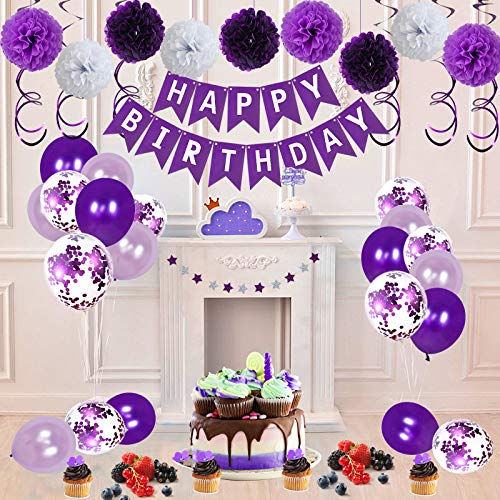 Birthday Decorations for Girls Women, Purple Party Decorations Happy Birthday Decoration with Bunting Banner, Balloons, Pompoms, Hanging Swirl for Bday Engagement Anniversary Party Decor Suit