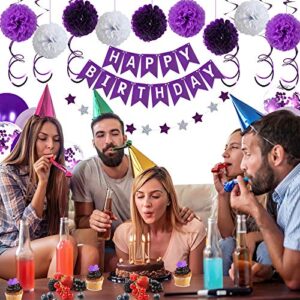 Birthday Decorations for Girls Women, Purple Party Decorations Happy Birthday Decoration with Bunting Banner, Balloons, Pompoms, Hanging Swirl for Bday Engagement Anniversary Party Decor Suit