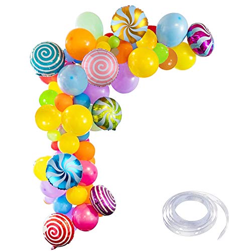 GIHOO Sweet Candy Balloon Garland Arch Kit, 90pcs 18inch Lollipop Foil Balloons, 5/10inch Rainbow Latex Balloons for Christmas Candyland Kids Birthday Party Baby Shower Decorations