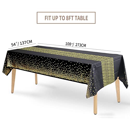 FECEDY 6 Packs 54 inches x108 inches Gold Wave Point Black Disposable Plastic Table Cover Waterproof Tablecloths for Rectangle Tables up to 8 ft in Length Party Decorations