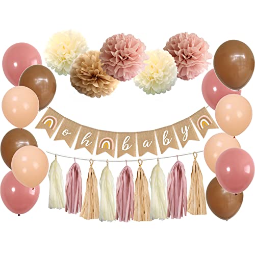 40 Pack Boho Rainbow Baby Shower Gender Neutral Party Oh Baby Burlap Banner Tissue Tassel Garland Pom Poms Dusty Rose Pink Mauve Nude Brown Balloons Backdrop Nursery Classroom Wedding Decoration