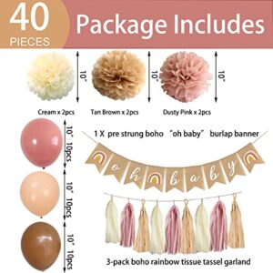 40 Pack Boho Rainbow Baby Shower Gender Neutral Party Oh Baby Burlap Banner Tissue Tassel Garland Pom Poms Dusty Rose Pink Mauve Nude Brown Balloons Backdrop Nursery Classroom Wedding Decoration