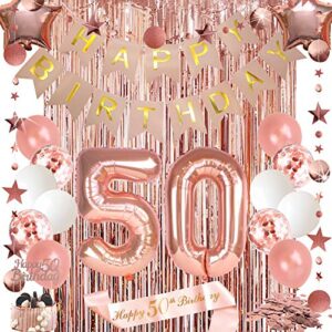 50th birthday decorations for women, happy birthday banner, 50th birthday cake topper rose gold curtain happy 50th birthday sash number 50 foil balloon for anniversary decor birthday party backdrop