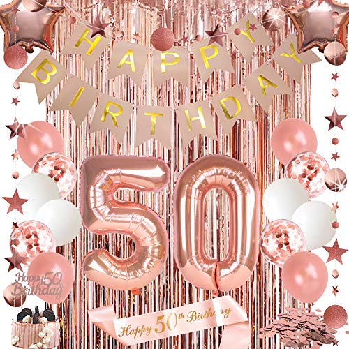 50th Birthday Decorations for Women, Happy Birthday Banner, 50th Birthday Cake Topper Rose Gold Curtain Happy 50th Birthday Sash Number 50 Foil Balloon for Anniversary Decor Birthday Party Backdrop