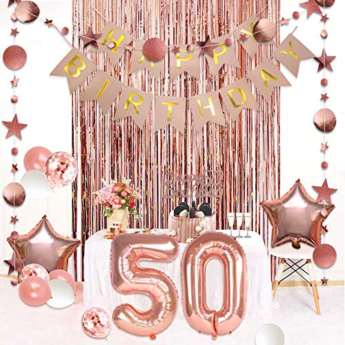 50th Birthday Decorations for Women, Happy Birthday Banner, 50th Birthday Cake Topper Rose Gold Curtain Happy 50th Birthday Sash Number 50 Foil Balloon for Anniversary Decor Birthday Party Backdrop