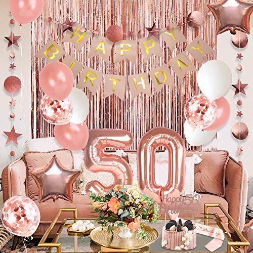 50th Birthday Decorations for Women, Happy Birthday Banner, 50th Birthday Cake Topper Rose Gold Curtain Happy 50th Birthday Sash Number 50 Foil Balloon for Anniversary Decor Birthday Party Backdrop