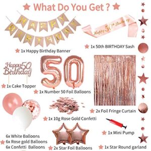 50th Birthday Decorations for Women, Happy Birthday Banner, 50th Birthday Cake Topper Rose Gold Curtain Happy 50th Birthday Sash Number 50 Foil Balloon for Anniversary Decor Birthday Party Backdrop