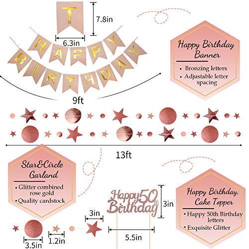 50th Birthday Decorations for Women, Happy Birthday Banner, 50th Birthday Cake Topper Rose Gold Curtain Happy 50th Birthday Sash Number 50 Foil Balloon for Anniversary Decor Birthday Party Backdrop