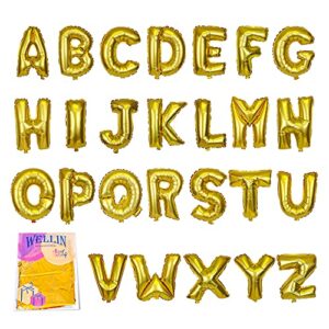 wellin 16″ gold foil mylar letter balloons a-z 26pcs mega pack, aluminum hanging foil film alphabet letter (a-z (pack of 26), gold)