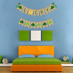 CAVLA Lucky Burlap Banner and Glitter Shamrock Banner St. Patrick's Day Green Shamrock Lucky Banner Garland with Bows Saint Patrick's Day Party Decorations for Irish Lucky Day St. Patty's Day Decor