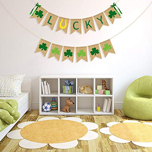 CAVLA Lucky Burlap Banner and Glitter Shamrock Banner St. Patrick's Day Green Shamrock Lucky Banner Garland with Bows Saint Patrick's Day Party Decorations for Irish Lucky Day St. Patty's Day Decor