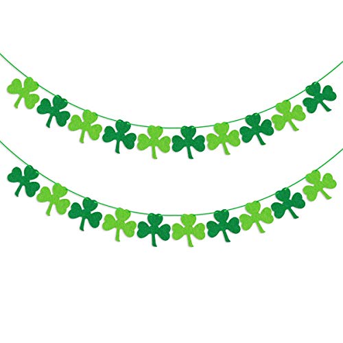 2 Pack St Patrick's Day Decorations Shamrock Clover Garland Banner, Felt Banner for Mantel Fireplace Spring Holiday Accessory Indoor Outdoor Irish Party Green Decor (2 Pack Clover Garland)