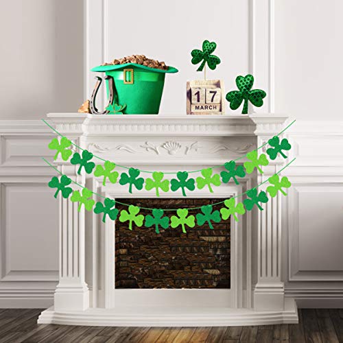 2 Pack St Patrick's Day Decorations Shamrock Clover Garland Banner, Felt Banner for Mantel Fireplace Spring Holiday Accessory Indoor Outdoor Irish Party Green Decor (2 Pack Clover Garland)