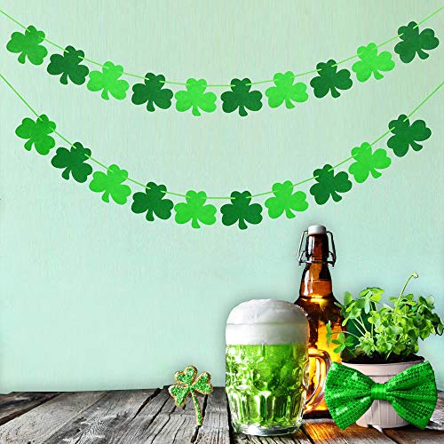 2 Pack St Patrick's Day Decorations Shamrock Clover Garland Banner, Felt Banner for Mantel Fireplace Spring Holiday Accessory Indoor Outdoor Irish Party Green Decor (2 Pack Clover Garland)