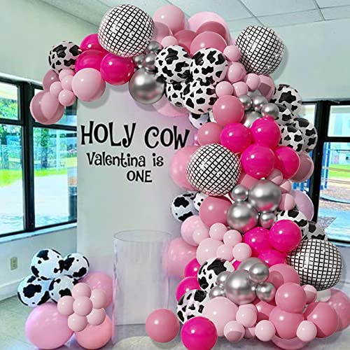 Cowgirl Pink Balloons Arch Garland Kit, Hot Pink Silver Cow Print Farm Animal Balloons for Bachelorette Party, 80s 90s Disco Party Birthday Baby Shower Bridal Shower Wedding Supplies (Hot pink silver)