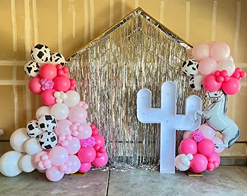 Cowgirl Pink Balloons Arch Garland Kit, Hot Pink Silver Cow Print Farm Animal Balloons for Bachelorette Party, 80s 90s Disco Party Birthday Baby Shower Bridal Shower Wedding Supplies (Hot pink silver)