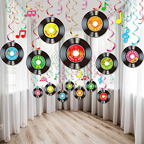 30 Pcs 1950's Rock and Roll Music Party Decorations Record Note Cutout Wall Decor Sign with Hanging Swirls Ceiling Decorations for 50's Theme Rock Music Short Video DJ Party Supplies 7 Inch