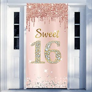 sweet 16 birthday door banner backdrop decorations for girls, pink rose gold happy 16th birthday party door cover sign supplies, sixteen year old birthday poster photo booth props decor