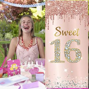 Sweet 16 Birthday Door Banner Backdrop Decorations for Girls, Pink Rose Gold Happy 16th Birthday Party Door Cover Sign Supplies, Sixteen Year Old Birthday Poster Photo Booth Props Decor