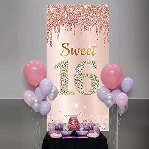 Sweet 16 Birthday Door Banner Backdrop Decorations for Girls, Pink Rose Gold Happy 16th Birthday Party Door Cover Sign Supplies, Sixteen Year Old Birthday Poster Photo Booth Props Decor