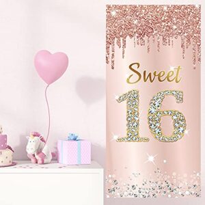 Sweet 16 Birthday Door Banner Backdrop Decorations for Girls, Pink Rose Gold Happy 16th Birthday Party Door Cover Sign Supplies, Sixteen Year Old Birthday Poster Photo Booth Props Decor