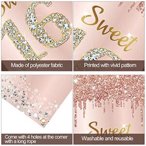 Sweet 16 Birthday Door Banner Backdrop Decorations for Girls, Pink Rose Gold Happy 16th Birthday Party Door Cover Sign Supplies, Sixteen Year Old Birthday Poster Photo Booth Props Decor