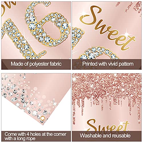 Sweet 16 Birthday Door Banner Backdrop Decorations for Girls, Pink Rose Gold Happy 16th Birthday Party Door Cover Sign Supplies, Sixteen Year Old Birthday Poster Photo Booth Props Decor