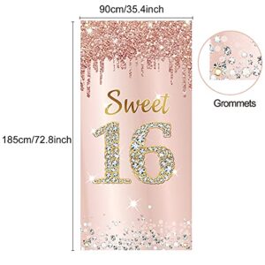 Sweet 16 Birthday Door Banner Backdrop Decorations for Girls, Pink Rose Gold Happy 16th Birthday Party Door Cover Sign Supplies, Sixteen Year Old Birthday Poster Photo Booth Props Decor