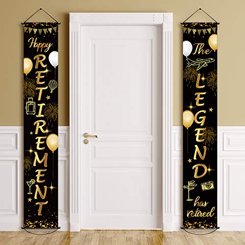 Retirement Porch Sign Door Hanging Banner, Happy Retirement Banner The Legend Has Retired Fabric Door Sign Background for Retirement Party Decoration Supplies, 71 x 12 Inches(Black and Gold)