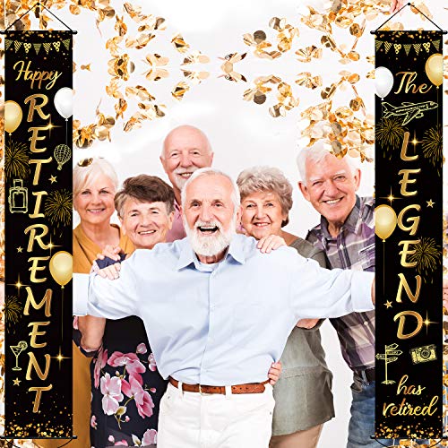 Retirement Porch Sign Door Hanging Banner, Happy Retirement Banner The Legend Has Retired Fabric Door Sign Background for Retirement Party Decoration Supplies, 71 x 12 Inches(Black and Gold)