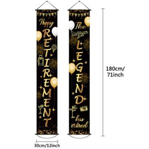 Retirement Porch Sign Door Hanging Banner, Happy Retirement Banner The Legend Has Retired Fabric Door Sign Background for Retirement Party Decoration Supplies, 71 x 12 Inches(Black and Gold)